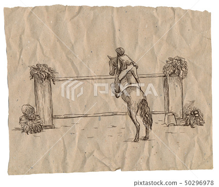 Show Jumping, hand drawn illustration. Line art - Stock Illustration ...