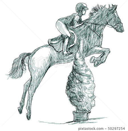 Show Jumping, hand drawn illustration. Line art - Stock Illustration ...