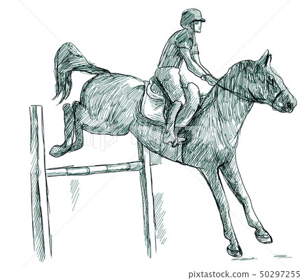 Show Jumping, hand drawn illustration. Line art - Stock Illustration ...