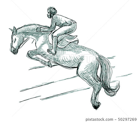 Show Jumping, hand drawn illustration. Line art - Stock Illustration ...