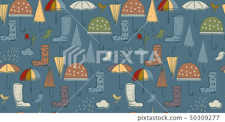 seamless background of umbrellas and boots, rain - Stock Illustration ...