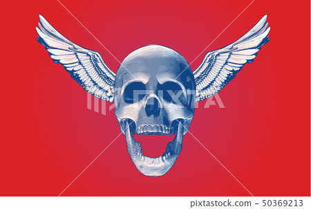 Engraving skull and wings isolated on red BG - Stock Illustration ...