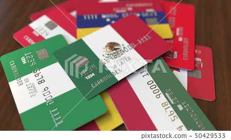 Many credit cards with different flags,... - Stock Illustration ...
