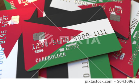 Pile of credit cards with flag of Jordan.... - Stock Illustration ...