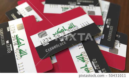 Pile of credit cards with flag of Iraq. Iraqi... - Stock Illustration ...
