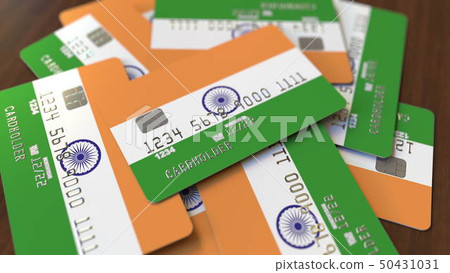 Pile of credit cards with flag of India. Indian... - Stock Illustration ...