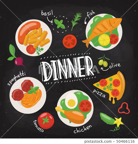 Vector chalkboard food poster with dinner... - Stock Illustration ...