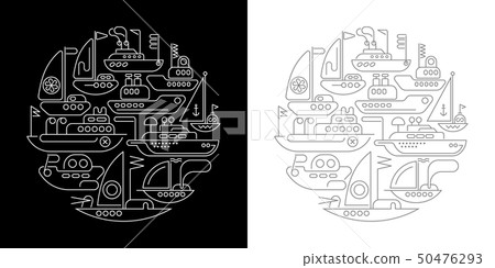 Ships and Yachts round shape line art designs - Stock Illustration ...