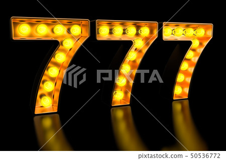 777 signboard from golden light bulb letters - Stock Illustration ...