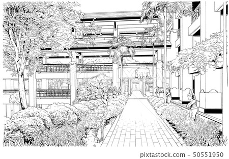 Manga style pen drawing illustration resort hotel - Stock Illustration ...