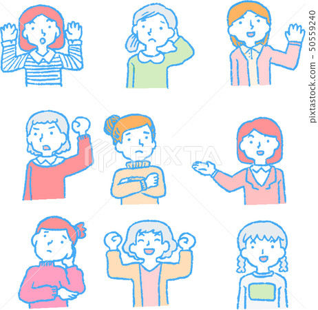 Hand drawn girl woman pose reaction upper body... - Stock Illustration ...