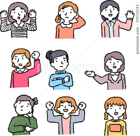 Hand drawn girl woman pose reaction upper body... - Stock Illustration ...