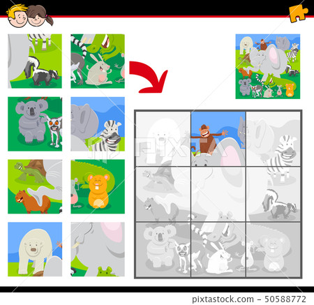 jigsaw puzzles with cartoon animals group - Stock Illustration ...