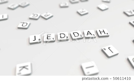 Making JEDDAH city name with letter tiles. 3D... - Stock Illustration ...