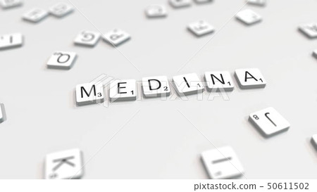 Making MEDINA city name with letter tiles. 3D... - Stock Illustration ...