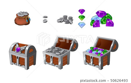 Set of wooden silver chests with coins and... - Stock Illustration ...