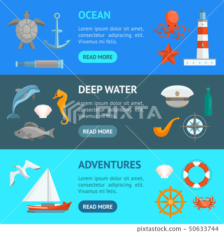 Cartoon Color Sea Banner Horizontal Set. Vector-插圖素材 [50633744] - PIXTA圖庫