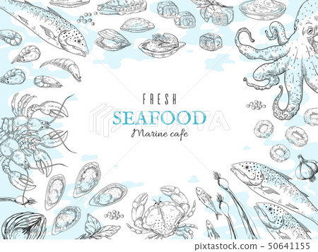 Hand drawn seafood background. Fish restaurant... - Stock Illustration ...