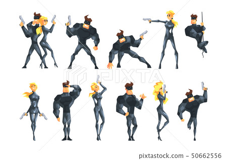 Secret agent in different actions. Posing with... - Stock Illustration ...