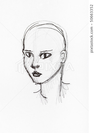 bald female head hand drawn by black ink - Stock Illustration [50663352 ...