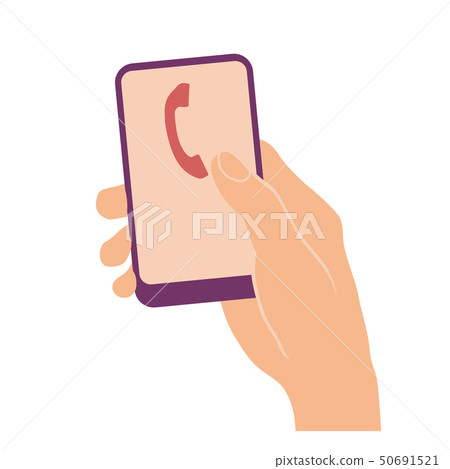 Hand holding smart phone with handset sign - Stock Illustration ...