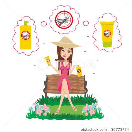 beautiful girl using insect repellent spray and - Stock Illustration ...