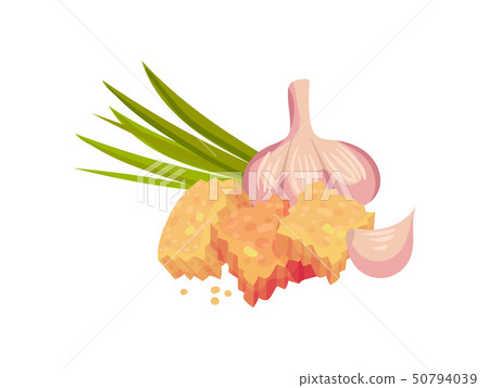 Square croutons with a garlic and greens.... - Stock Illustration ...
