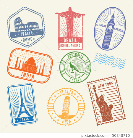 Postal stamps with famous world architecture... - Stock Illustration ...