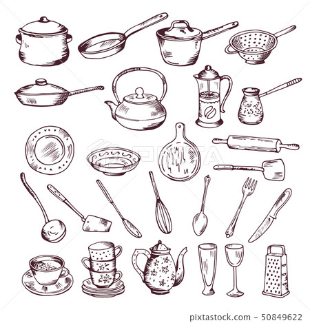 Hand drawn vector illustration of kitchen tools... - Stock Illustration ...