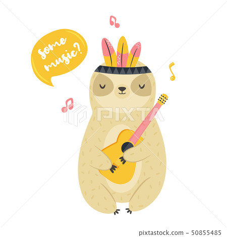 Cute funny sloth playing guitar. Character design - Stock Illustration ...