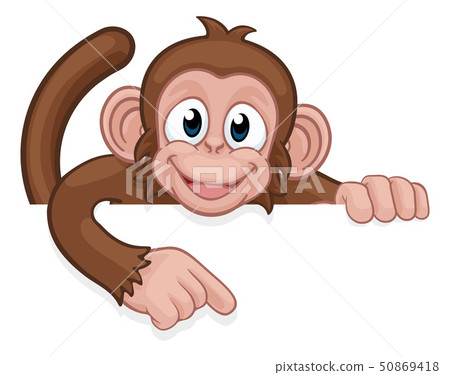 Monkey Cartoon Character Animal Pointing At Sign - Stock Illustration ...