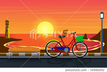 bicycle on the road at the beach in sunset - Stock Illustration ...