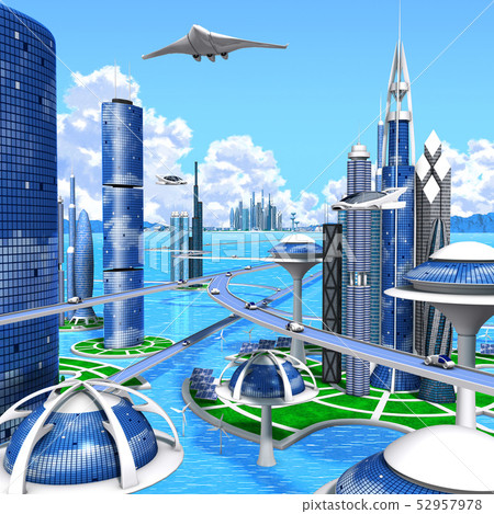 Ocean future city approach road clouds - Stock Illustration [52957978 ...
