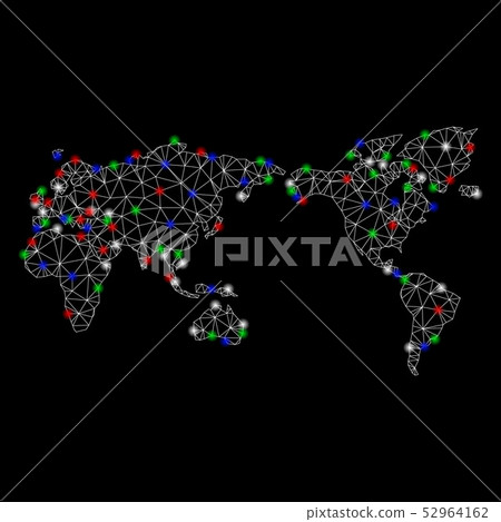 Bright Mesh Wire Frame World Map with Flare Spots - Stock Illustration ...