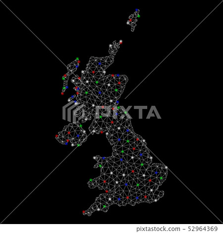 Bright Mesh Wire Frame United Kingdom Map with... - Stock Illustration ...
