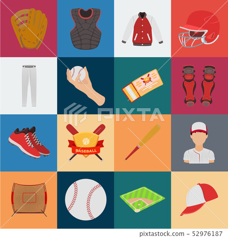 Baseball and attributes cartoon icons in set... - Stock Illustration ...