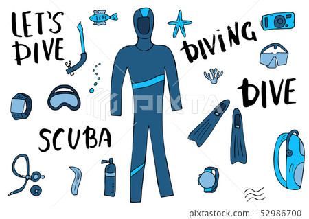 Scuba diving set of elements and equipment. - Stock Illustration ...