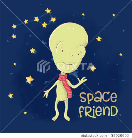 Postcard poster cute alien space friend. Hand... - Stock Illustration ...