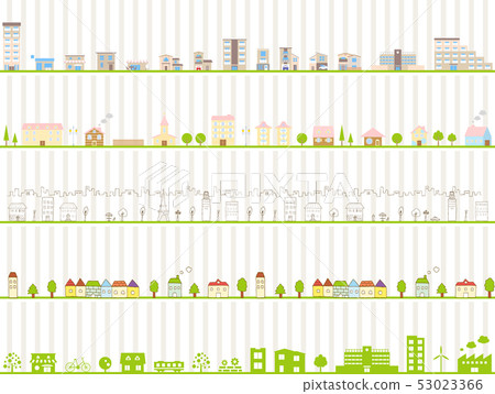 Various city illustrations set striped background - Stock Illustration ...