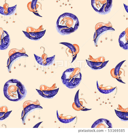 Watercolor cat pattern - Stock Illustration [53169385] - PIXTA