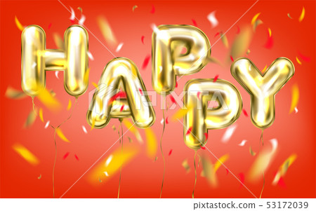 Happy lettering, red poster by shiny foil balloons - Stock Illustration ...