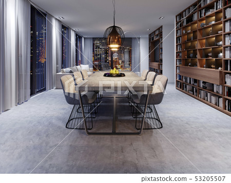 Loft-style dining room with large table and solid - Stock Illustration ...