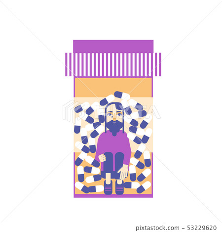 a sad man trapped inside a pill bottle vector... - Stock Illustration ...