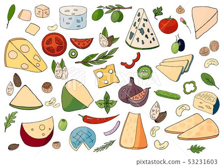 Set of hand-drawn different cheese elements - Stock Illustration ...