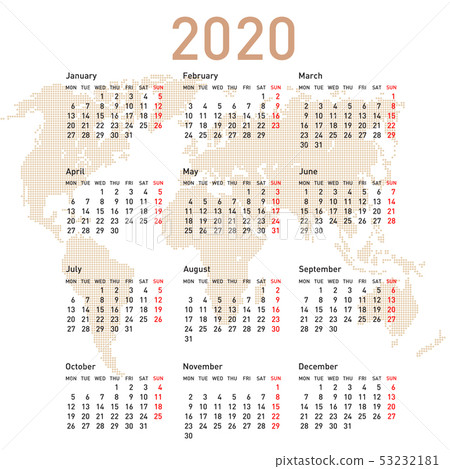 Calendar 2020 with world map. Week starts on - Stock Illustration ...
