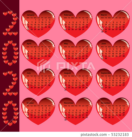 Stylish calendar with red hearts for 2020 - Stock Illustration ...