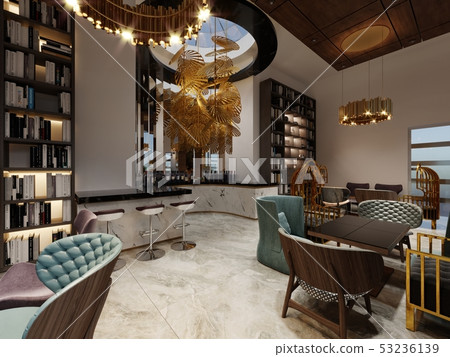 Bar with a library in a trendy modern style with - Stock Illustration ...