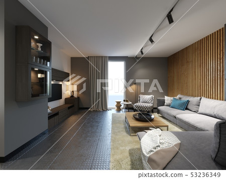 Stylish living room loft style in gray loft - Stock Illustration ...