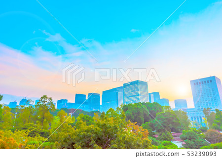 High-rise buildings at dawn Marunouchi anime style - Stock Illustration ...
