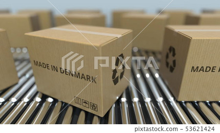 Boxes with MADE IN DENMARK text on roller... - Stock Illustration ...